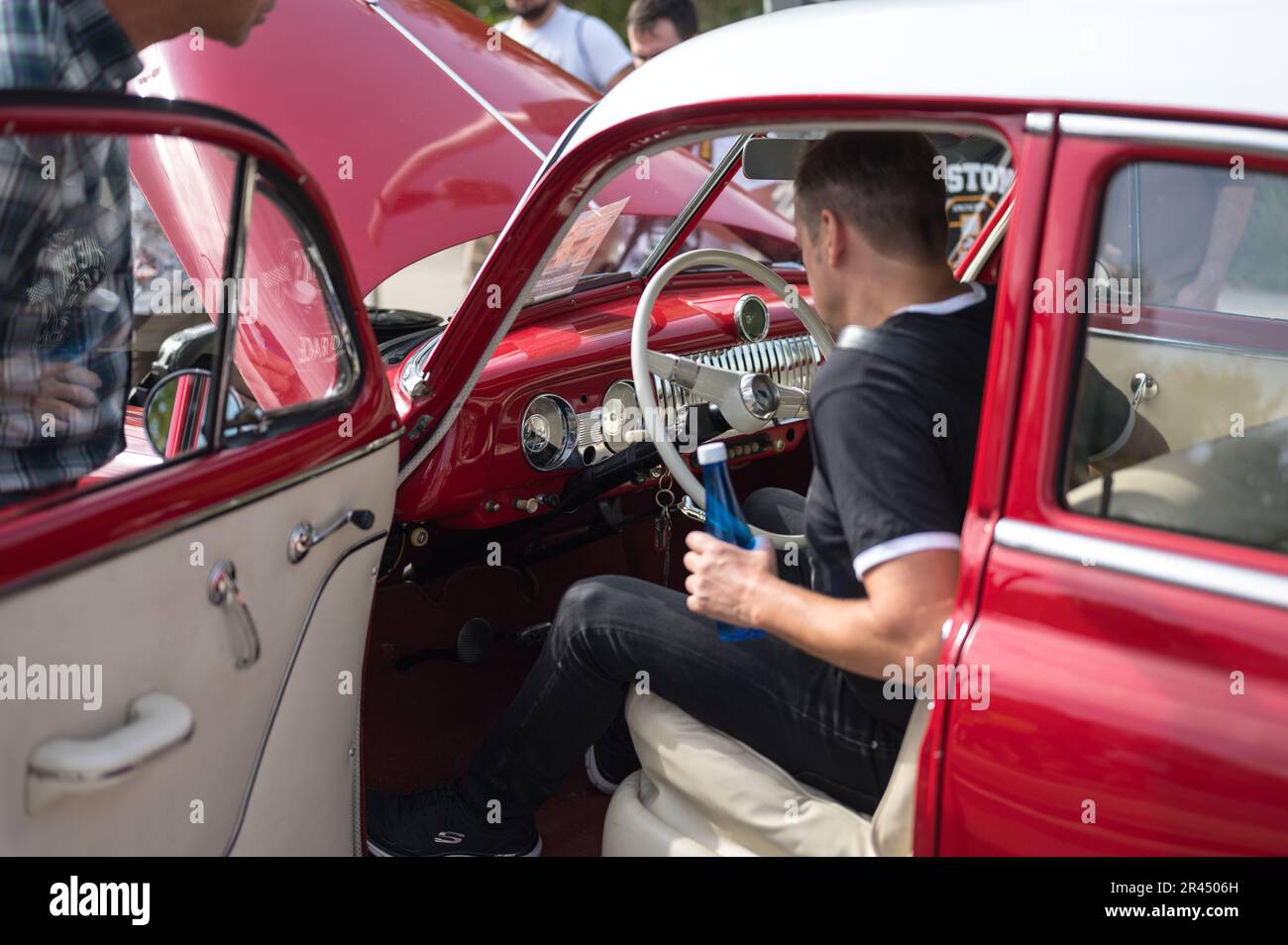 Detail of the interior of a classic and historical American car, the ...