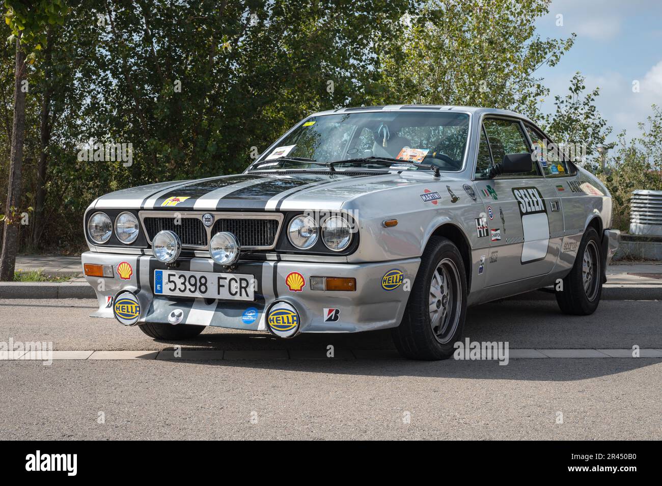Front view of a classic Italian rally deprivo, the Lancia Beta in gray ...