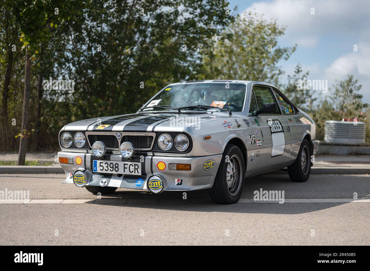 Front view of a classic Italian rally deprivo, the Lancia Beta in gray ...