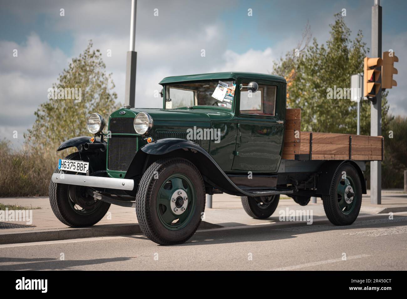 Front view of the classic historic Ford Model AA truck in green color ...