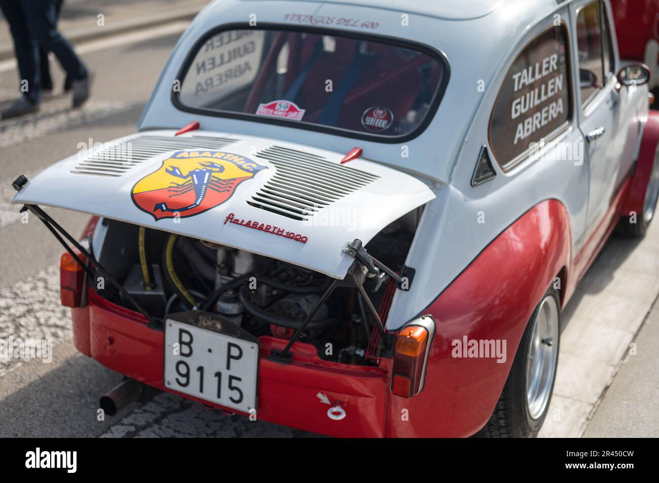 Detail of the engine in the rear of a classic European sports car, Fiat ...