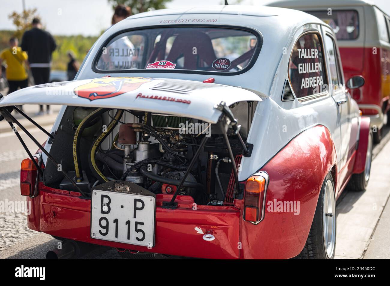Detail of the engine in the rear of a classic European sports car, Fiat ...