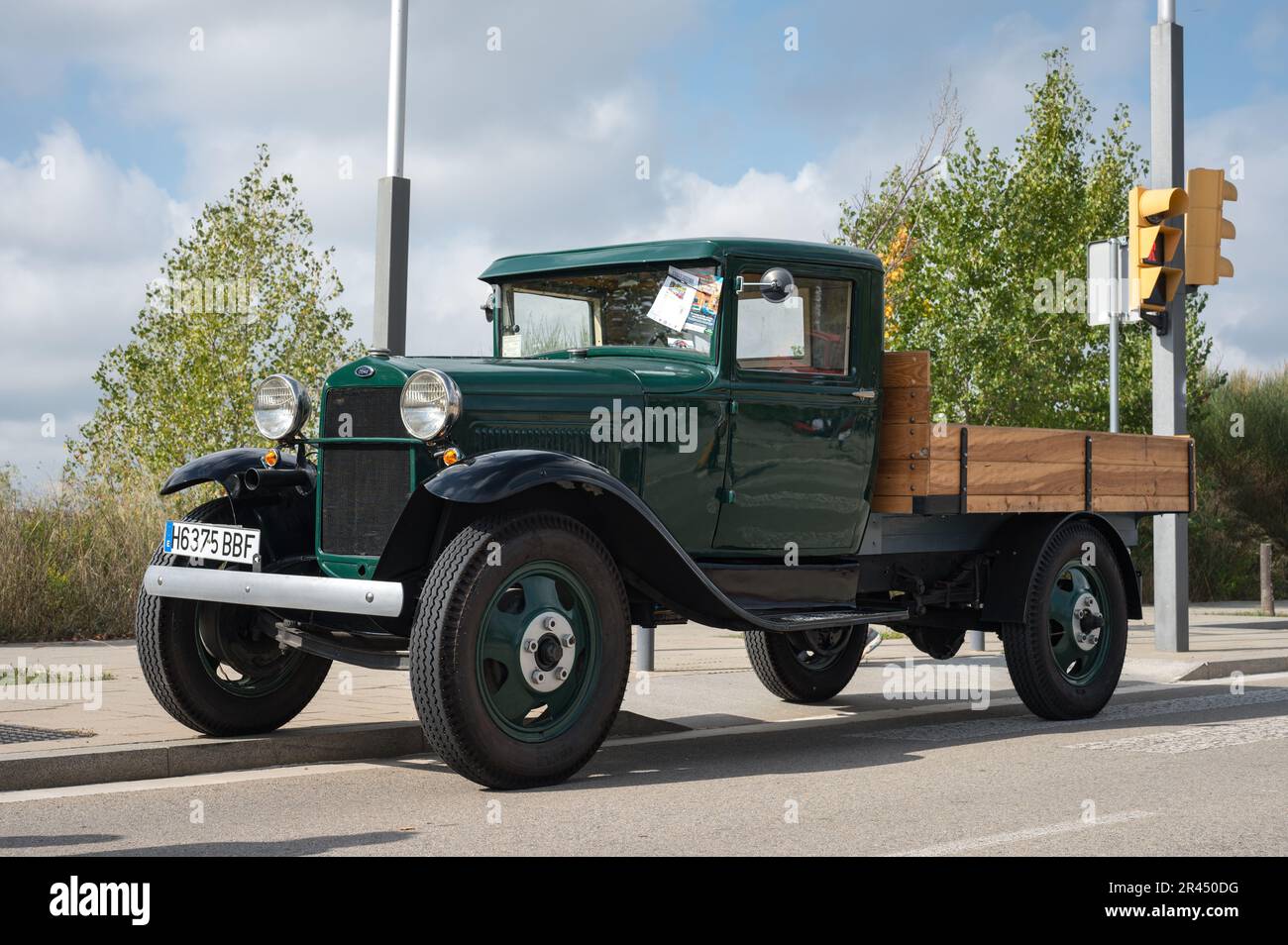 Front view of the classic historic Ford Model AA truck in green color ...