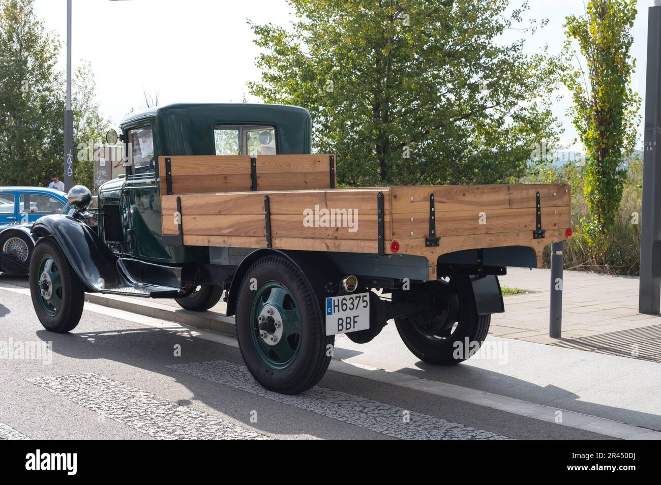 Rear view of the classic historic Ford Model AA truck in green color ...