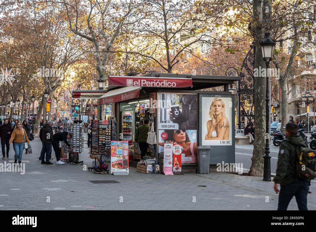 Detail of a kiosk in the famous and busy street of Paseo de Gracia in ...