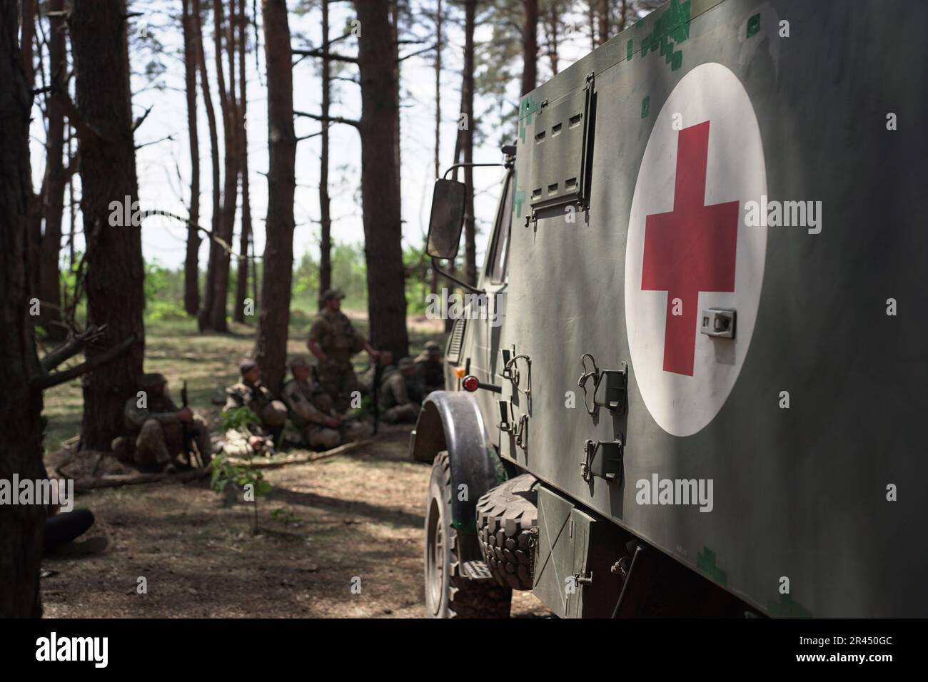 Kyiv Oblast, Ukraine. 25th May, 2023. An armoured medical transport ...