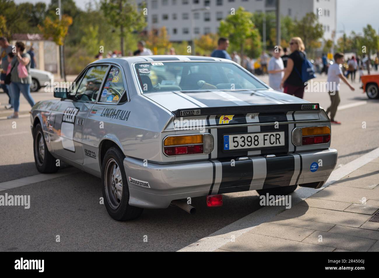 Rear view of a classic Italian rally deprivo, the Lancia Beta in gray ...