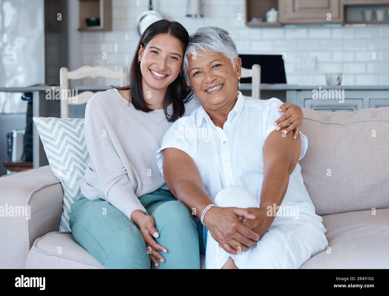 Sofa, mothers day and portrait of women happy for care, trust and support couch in a home ...