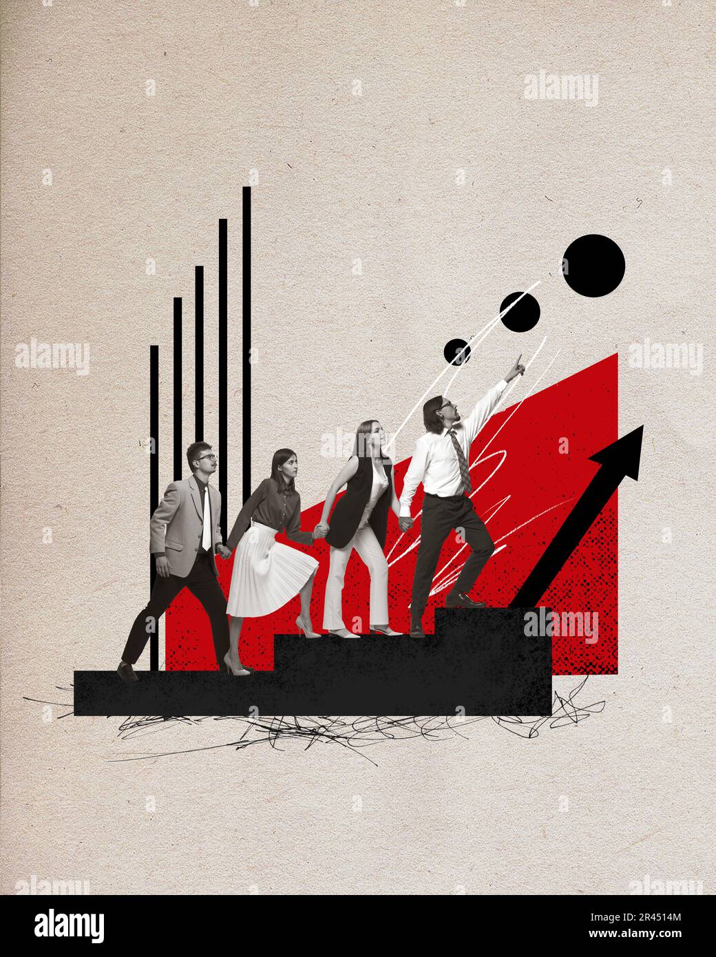 Contemporary art collage with team of workers following the leader over ...