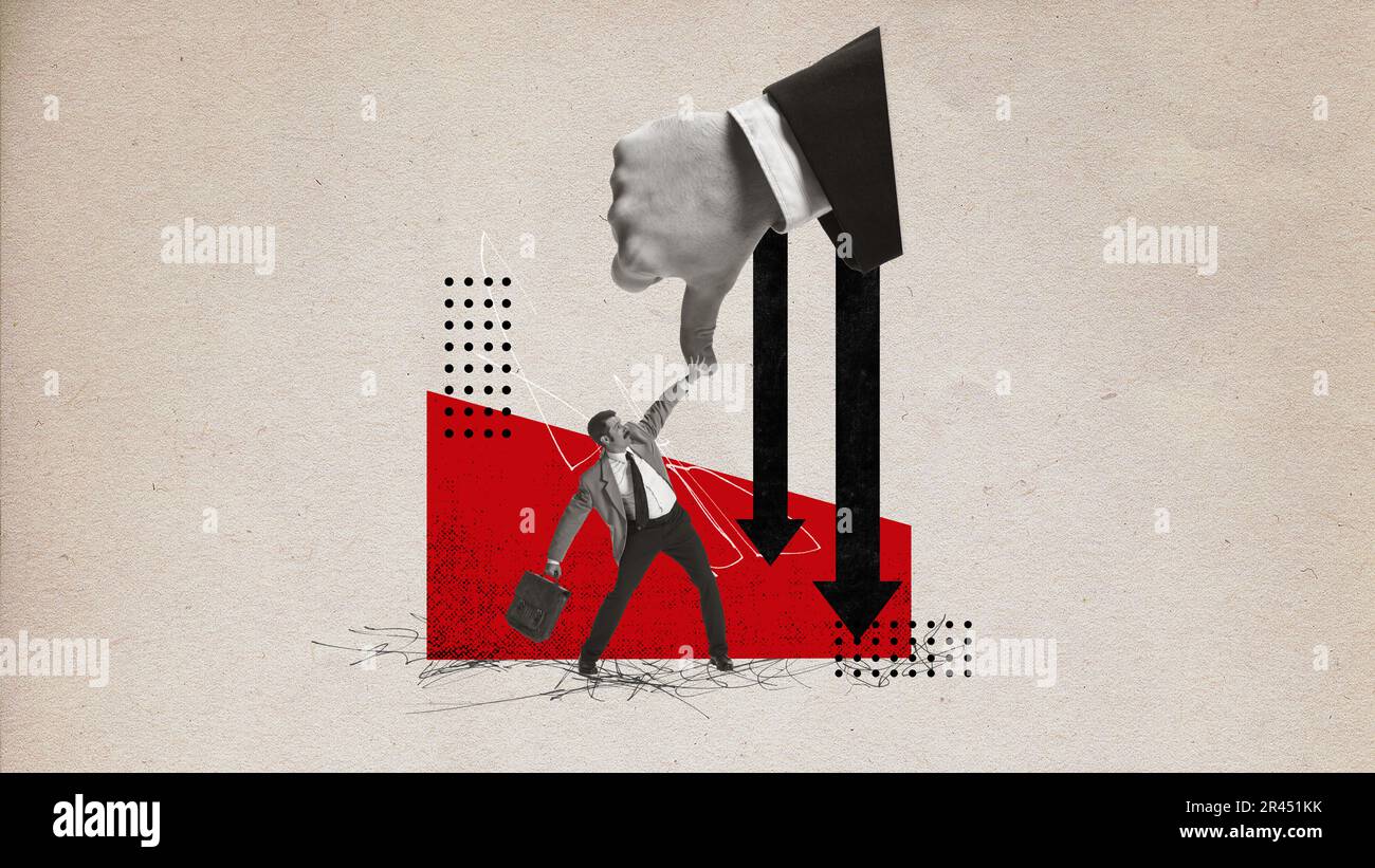Contemporary art collage with man, office worker trying to overcome ...