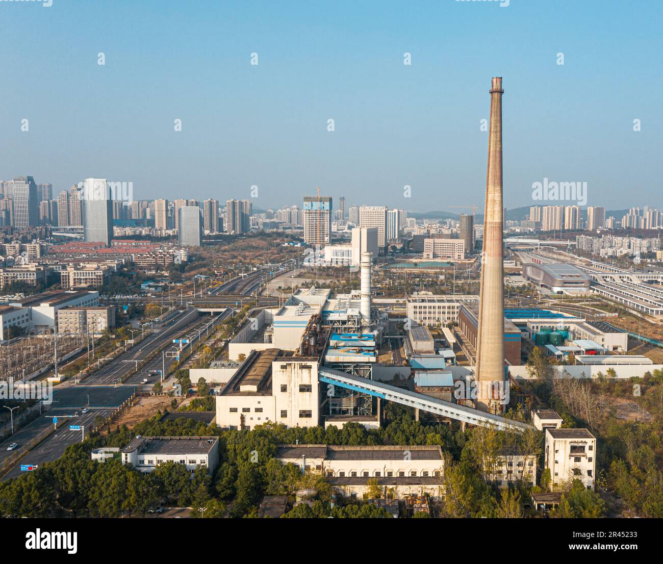An aerial view of an old power plant in Wuhan, China surrounded with ...