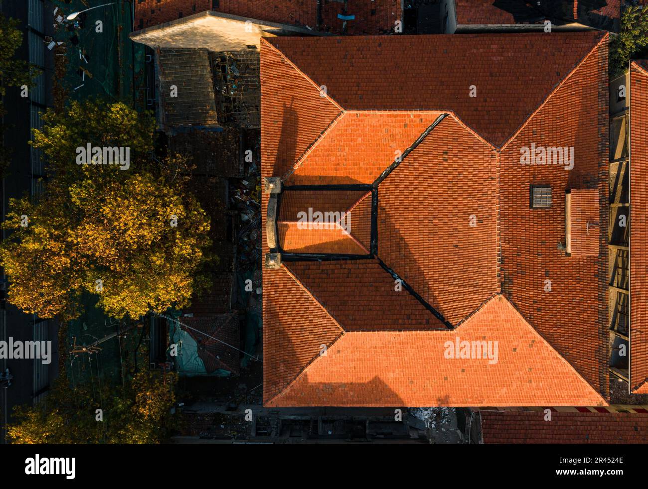 A top-down aerial view of Wuhan's cityscape with red brick building ...