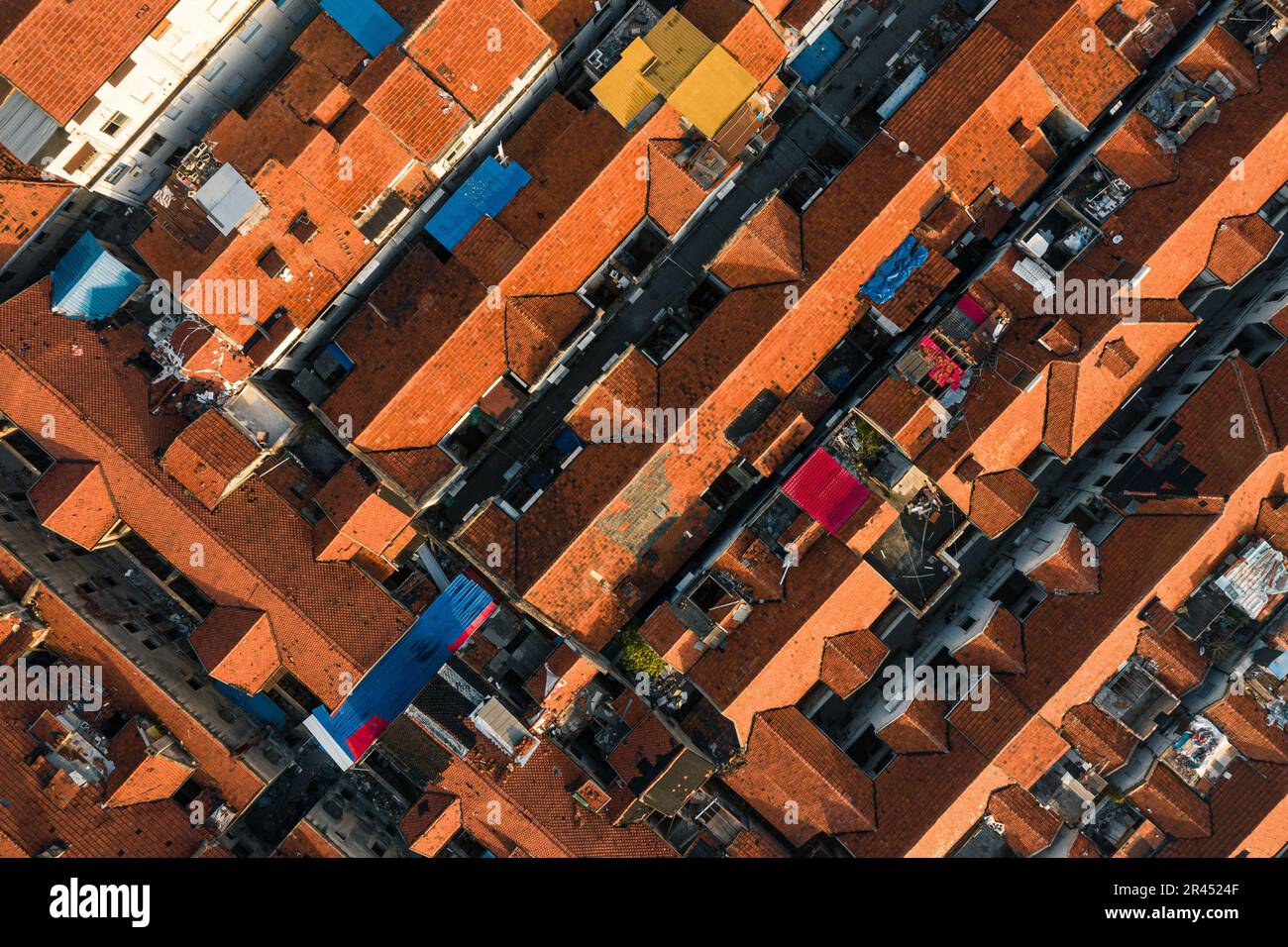 A top-down aerial view of Wuhan's cityscape with red brick building ...