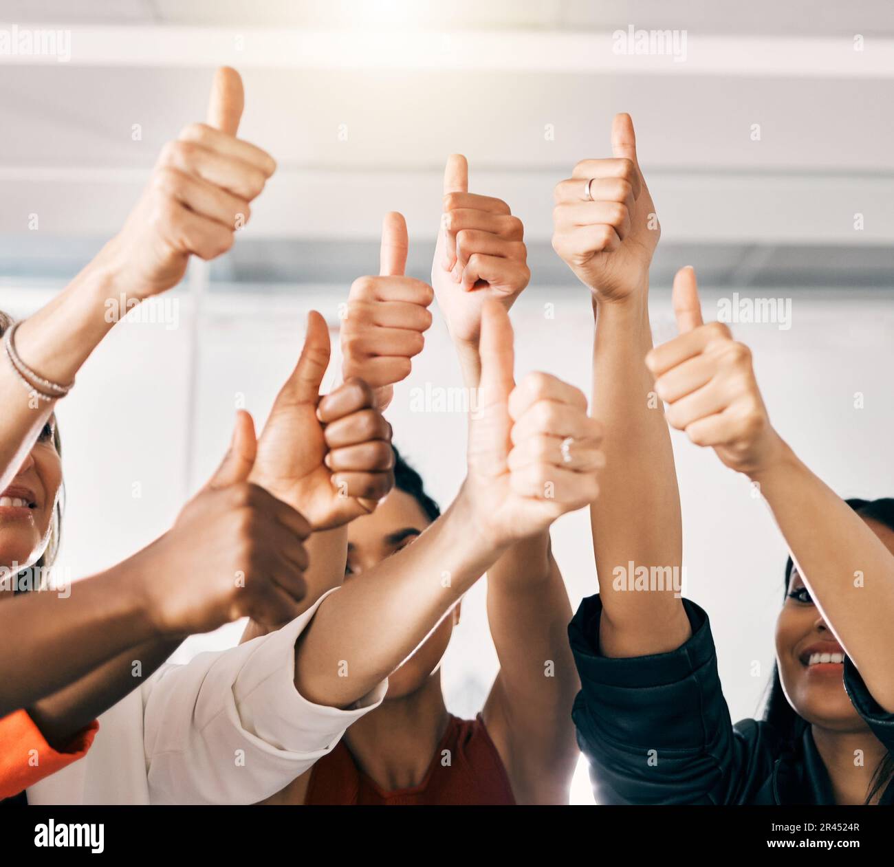 Success, thumbs up and group of people for thank you, support or ...