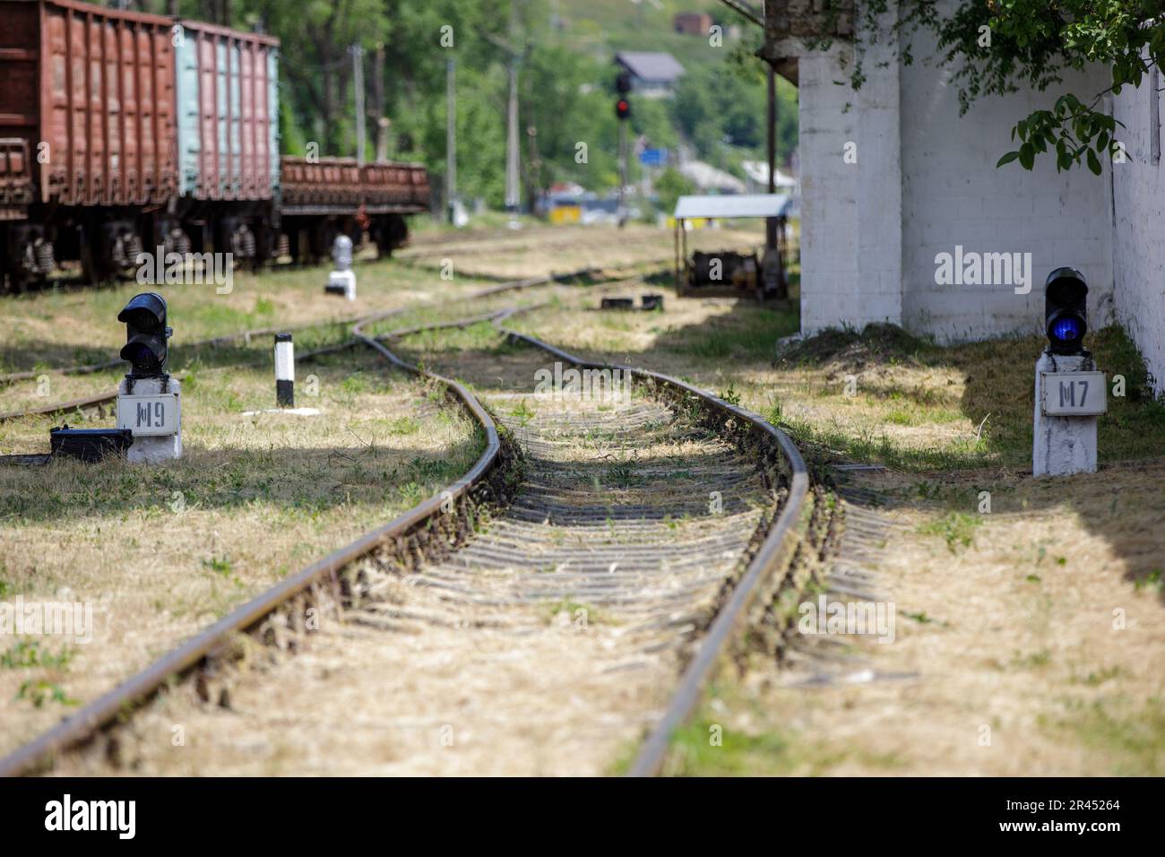 The railway near Bulboaca Station. The traffic light indicates the ...