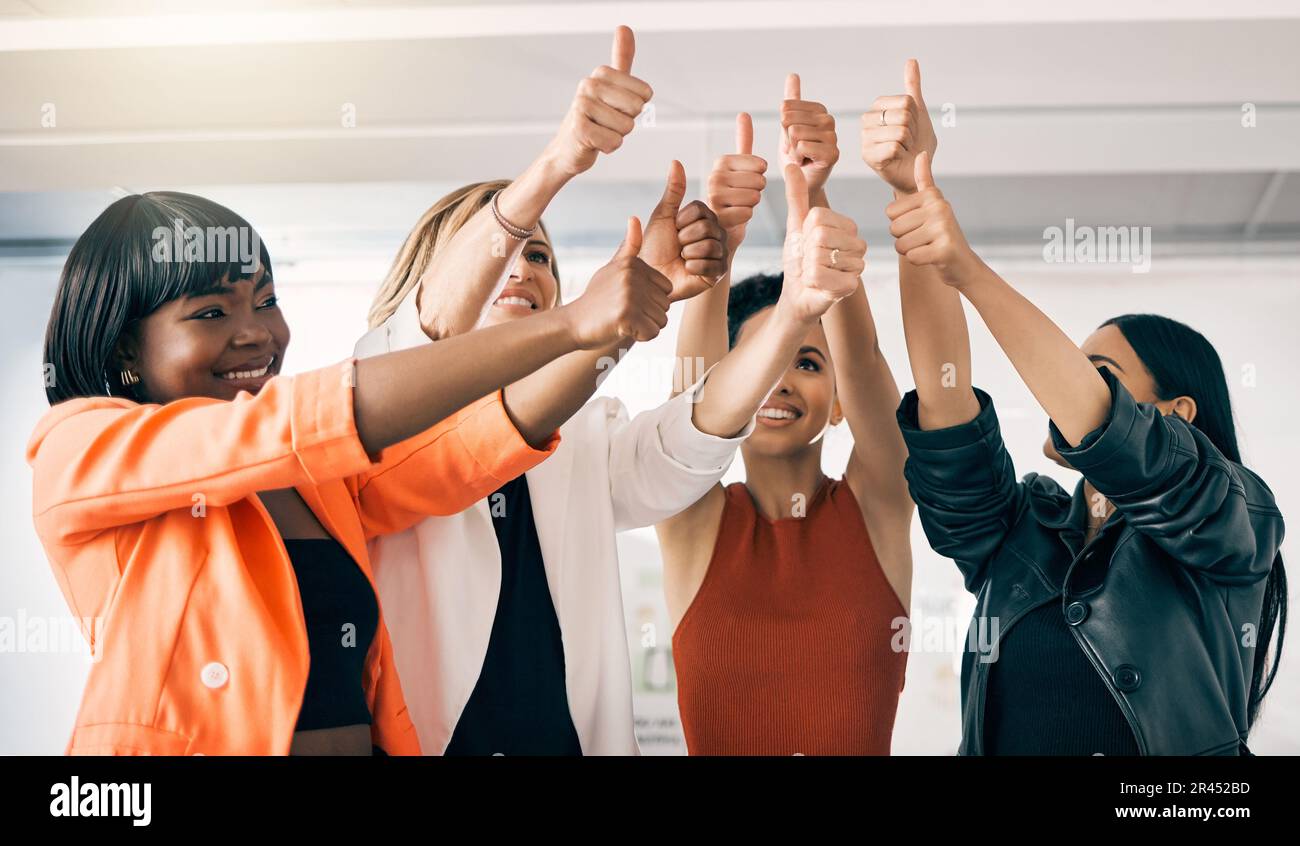 Success, thumbs up and business women with teamwork, support and group ...