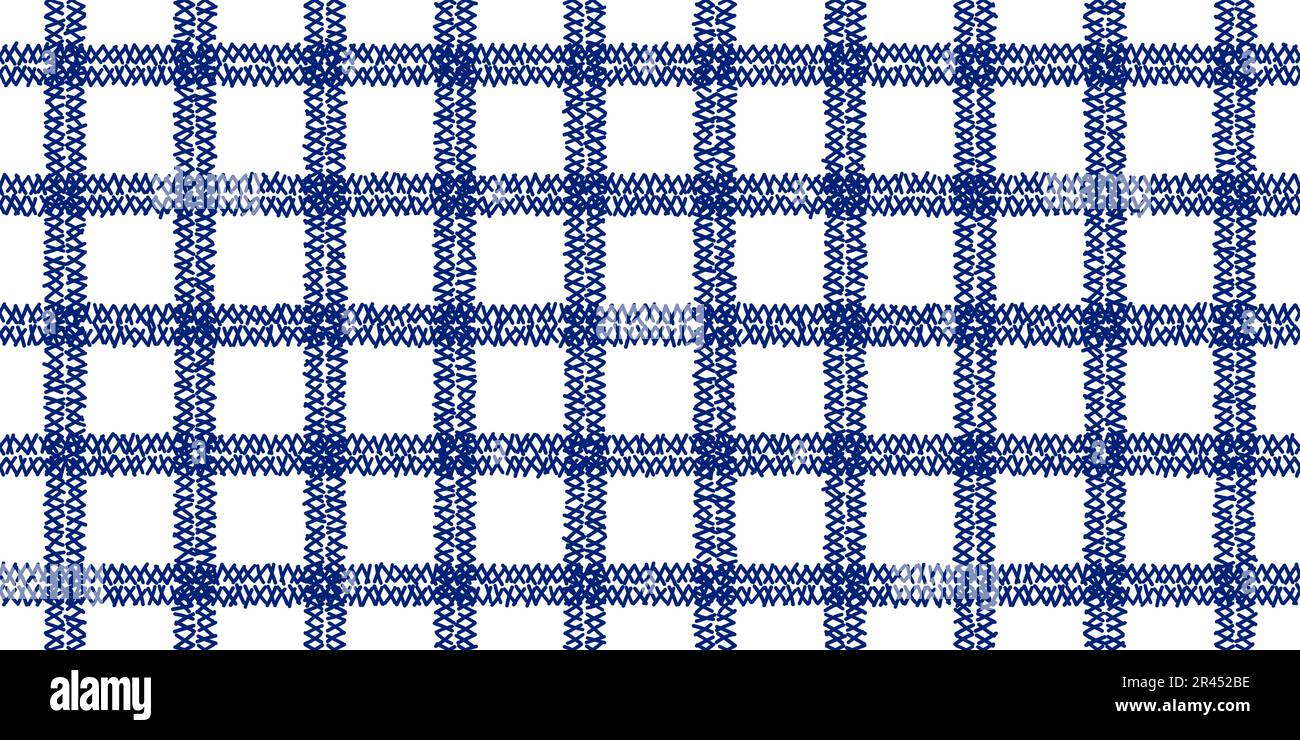 Windowpane plaid blue and white seamless pattern with double sketchy ...