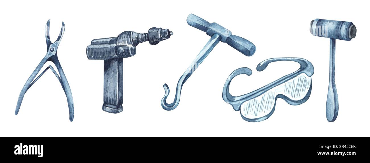 Orthopedic surgery and orthopaedics tools. Watercolor set of medical ...