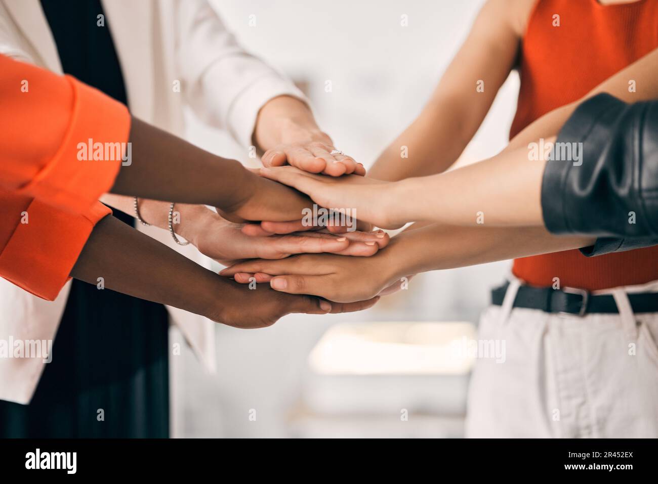 Hands together, support and group of people with teamwork ...