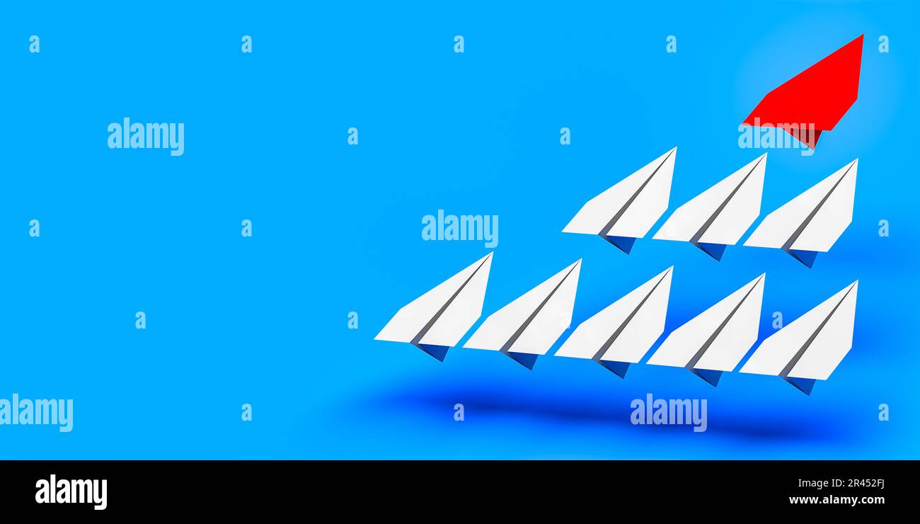 Leadership concept. Red leader plane leads other planes forward with ...