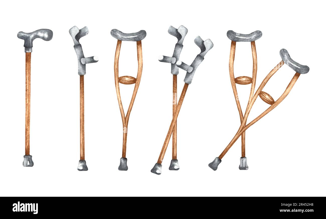 Orthopedic equipment and orthopaedics tools. Watercolor set of crutches orthopedic equipment on ...
