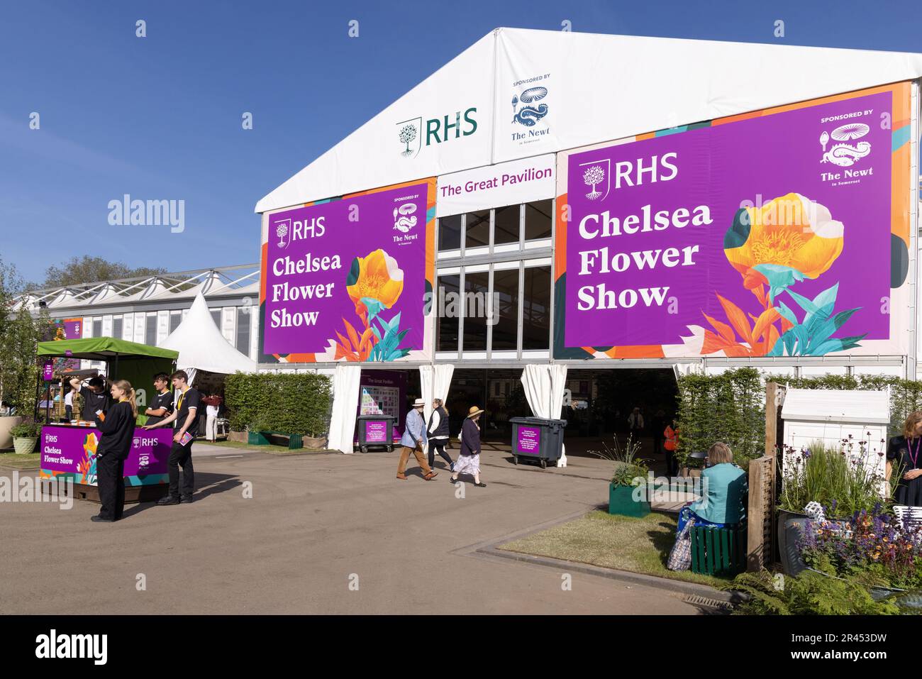 RHS Chelsea Flower Show 2023; the entrance to the Great Pavilion in spring sunshine, Chelsea ...