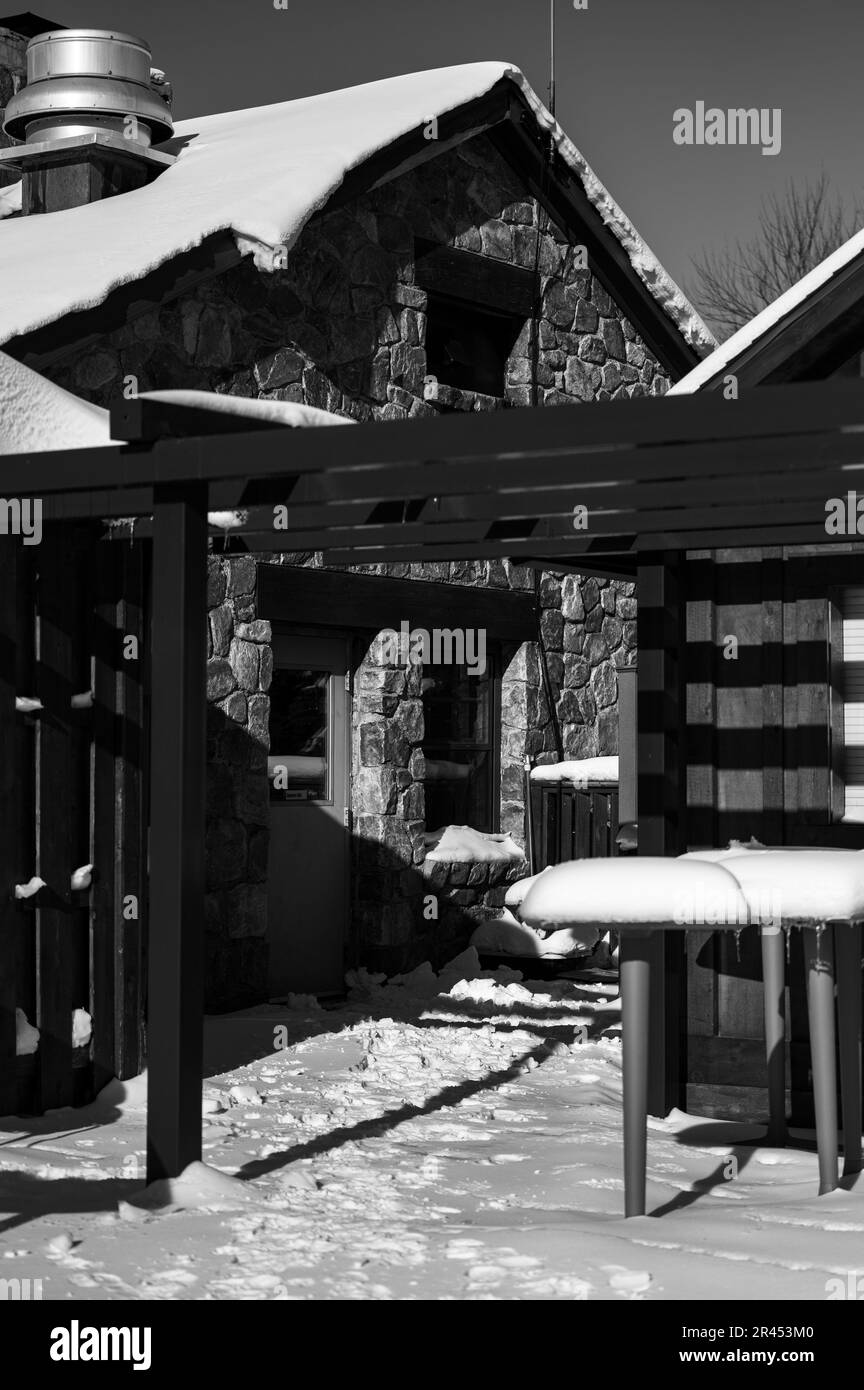 A grayscale of a rural house covered with snow in winter Stock Photo ...