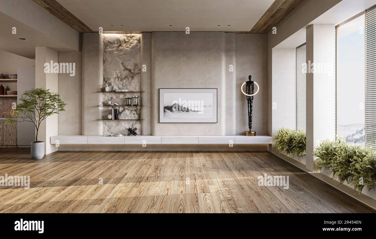 TV wall in modern interior design with stone wall features Stock Photo ...