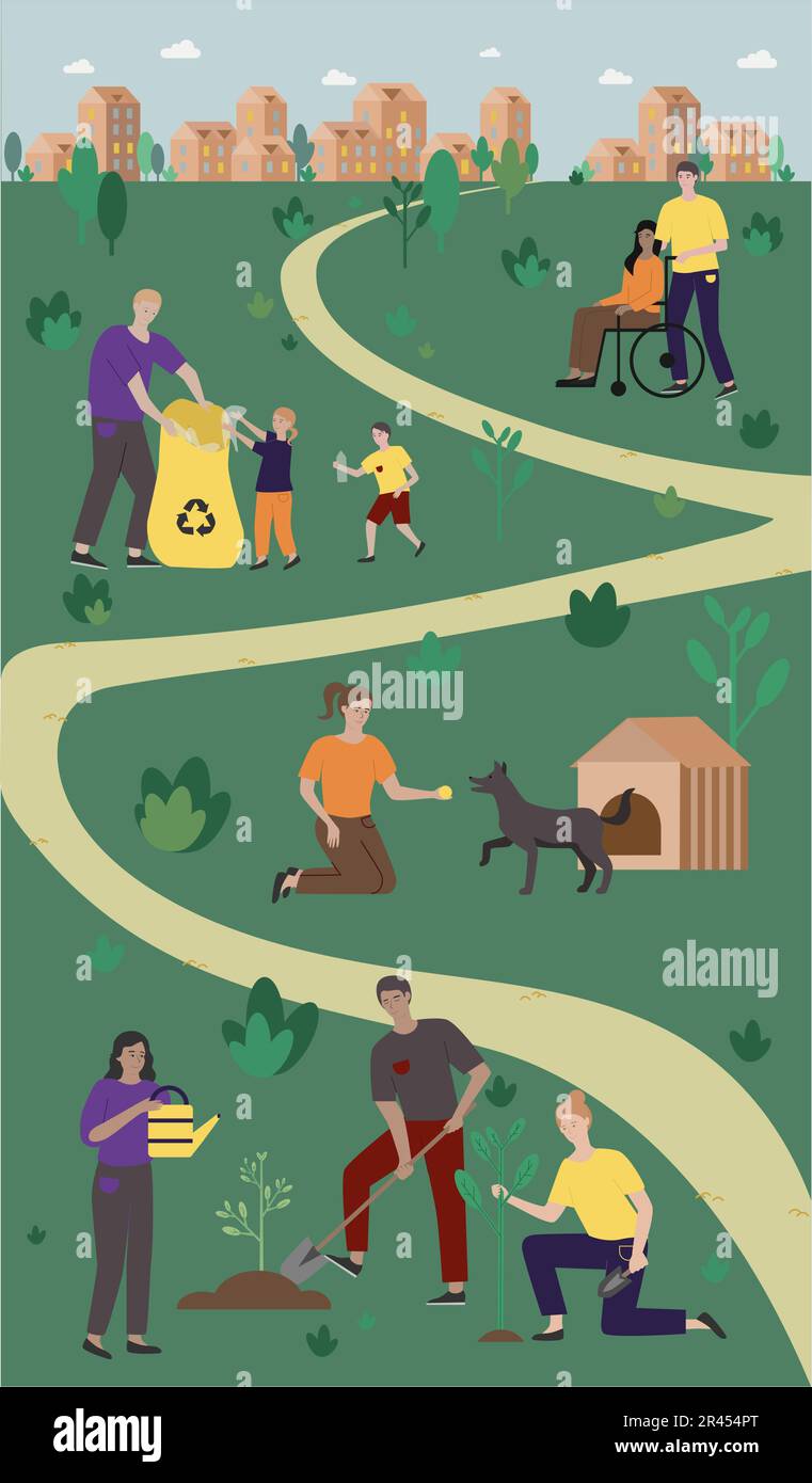 Vertical illustration of saving environment. People taking care of the ...