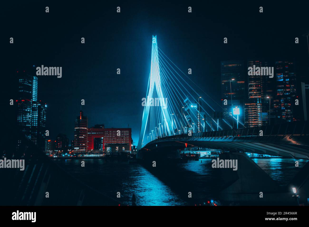 The Rotterdam cityscape at night with illuminated bridge in the ...