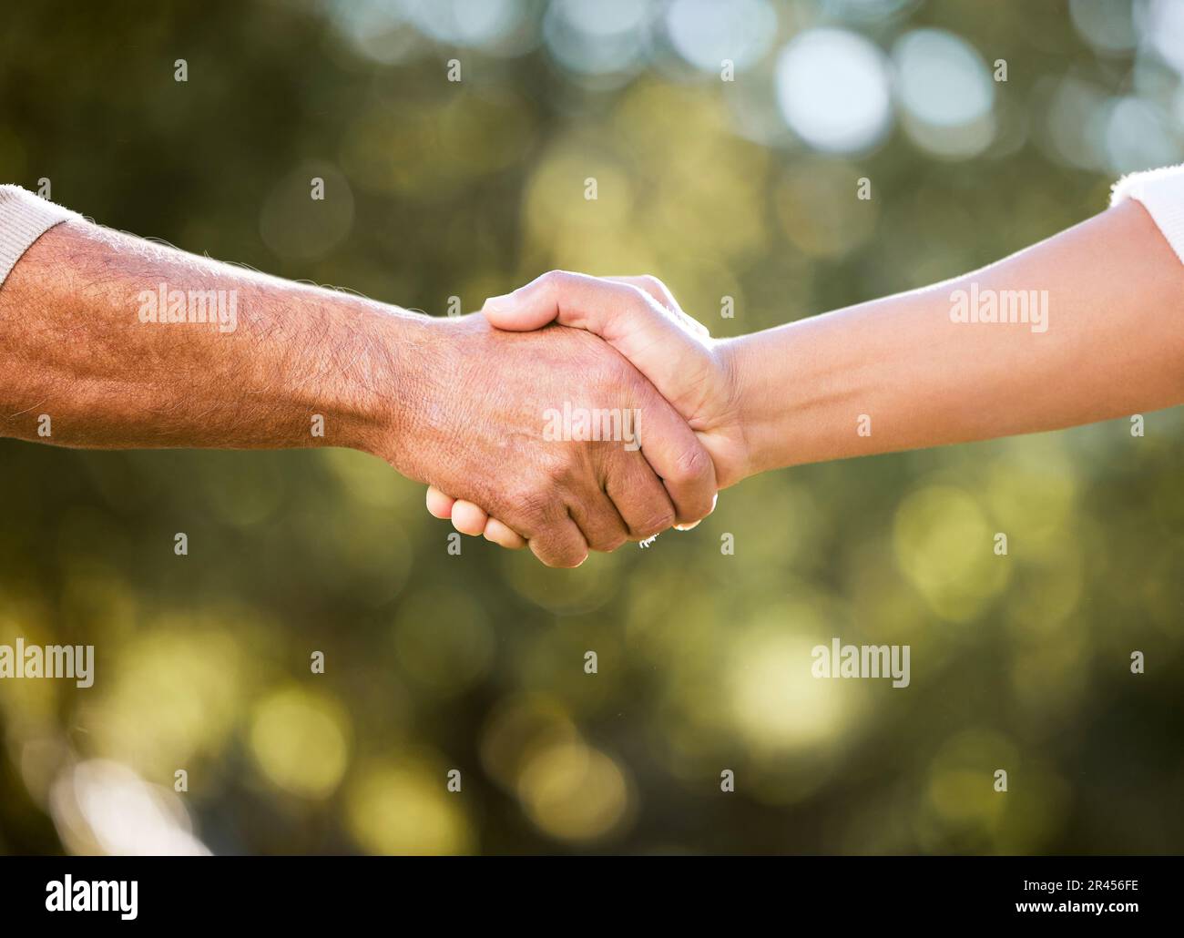 B2b, handshake and business partnership outdoor with deal success ...
