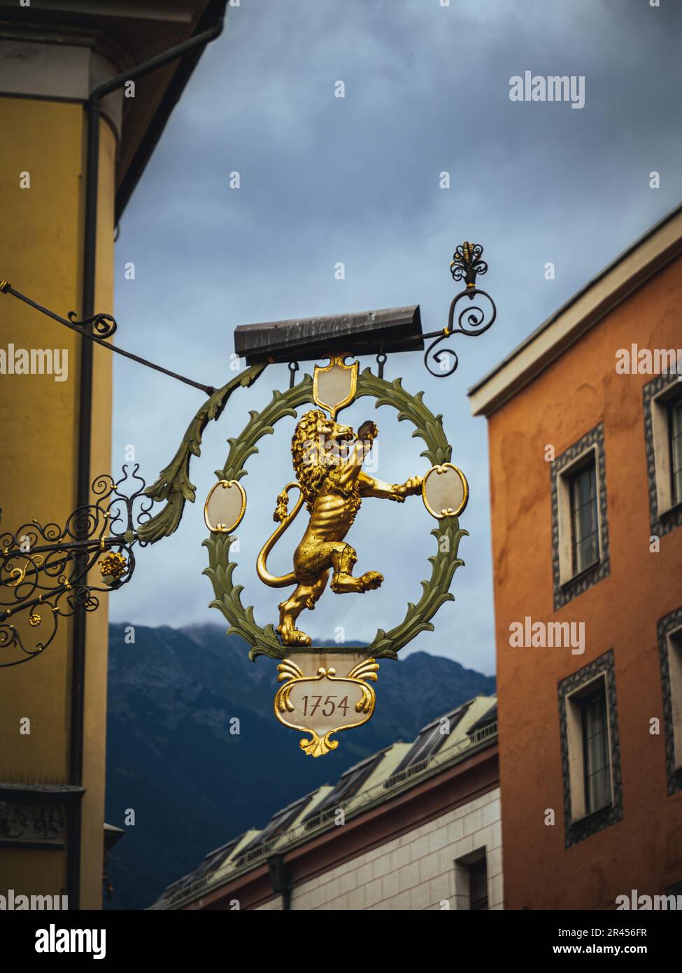 Medieval golden lion inn-sign in Innsbruck, Tyrol, Austria in the old ...