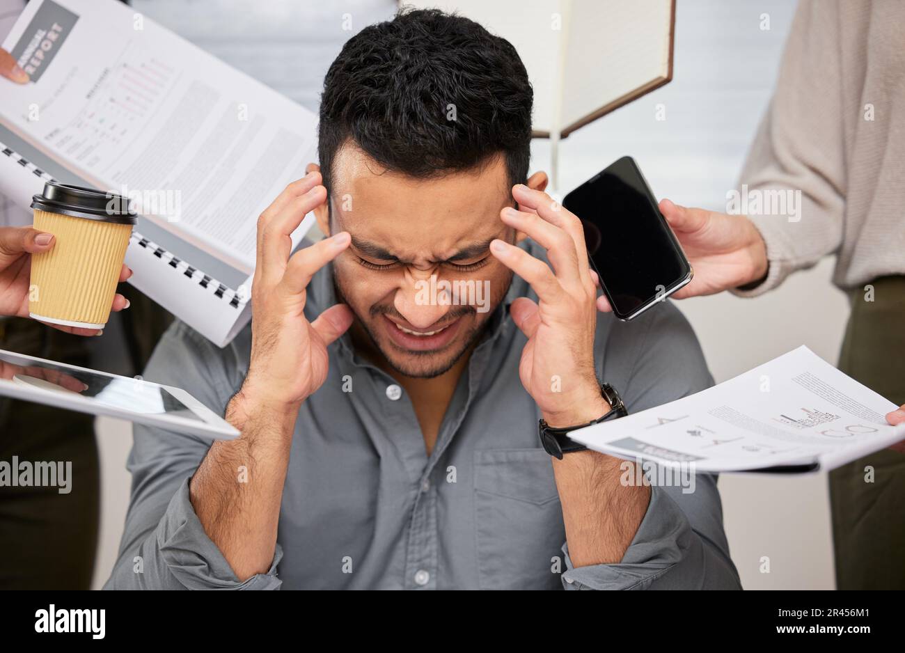 Business man, stress headache and burnout from work chaos and company ...