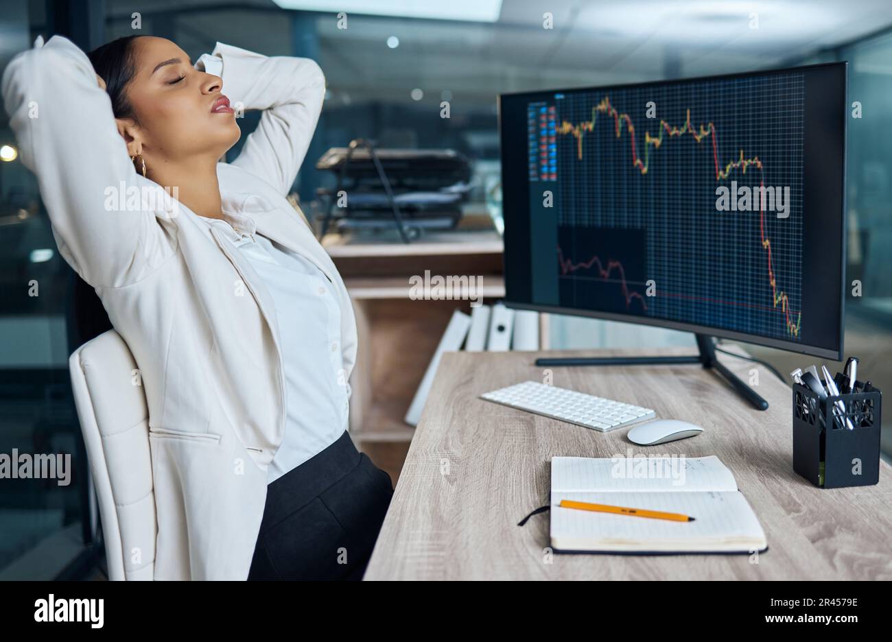 Woman, stress and computer with stock market graphs on dashboard screen ...