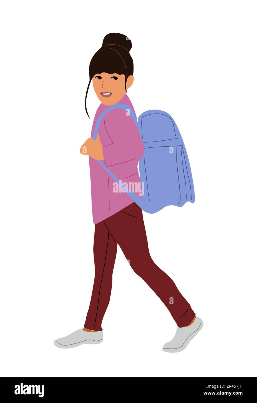 Kid girl walking to school with backpack side view. Child vector ...
