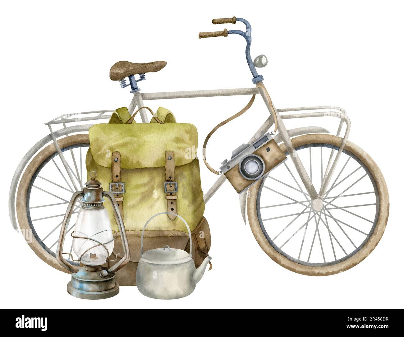 Travel Bicycle with backpack and adventure equipment. Hand drawn ...