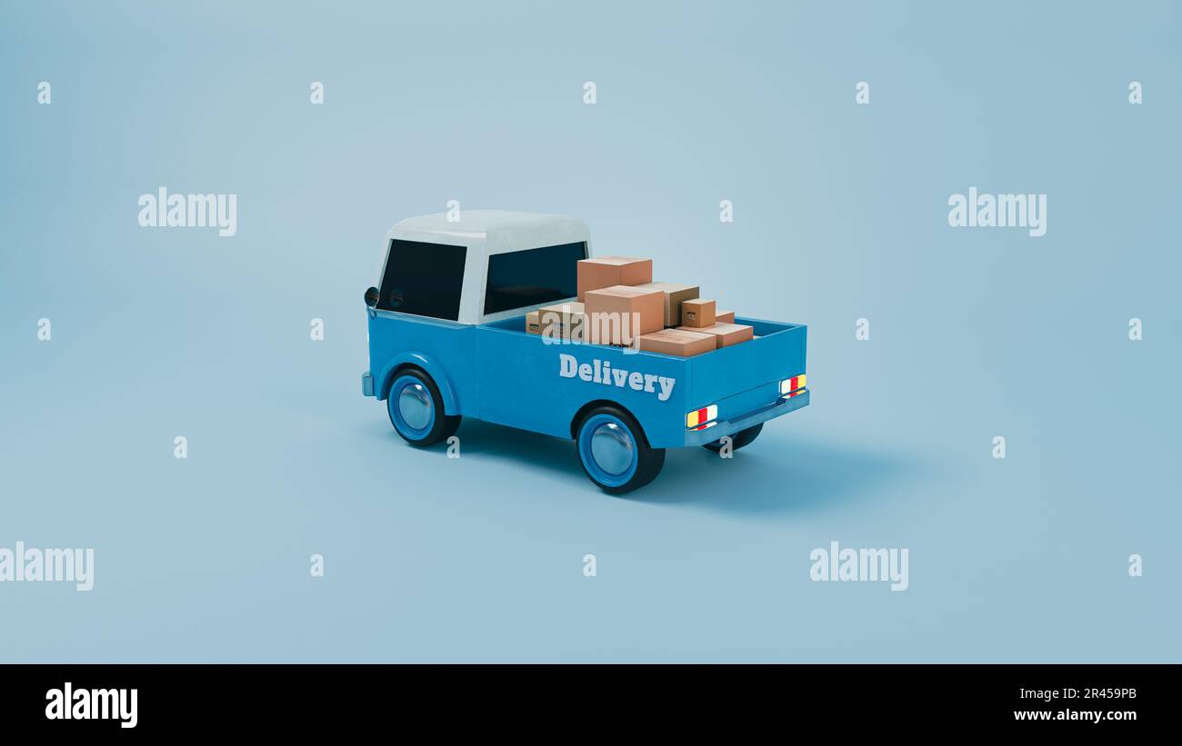 A blue delivery truck with packages, 3d render Stock Photo - Alamy