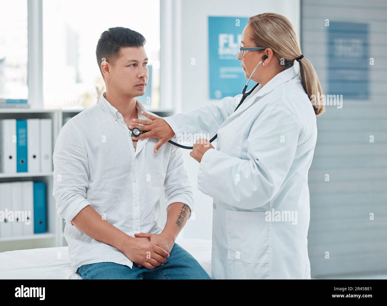 Healthcare, doctor test with man patient and consultation with ...