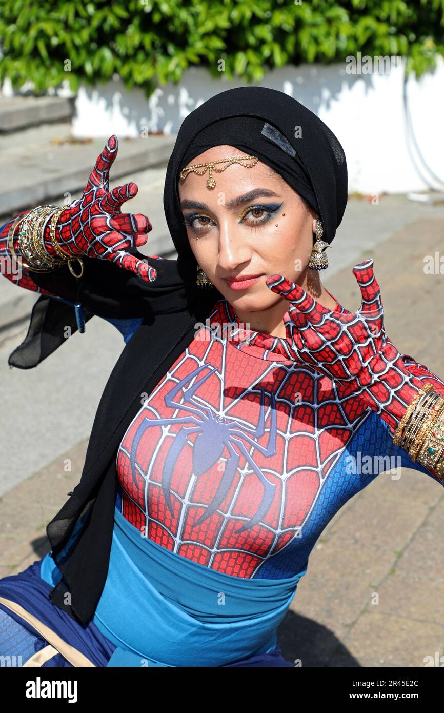 London, UK. 26th May, 2023. Participant dressed as Spiderman at MCM ...