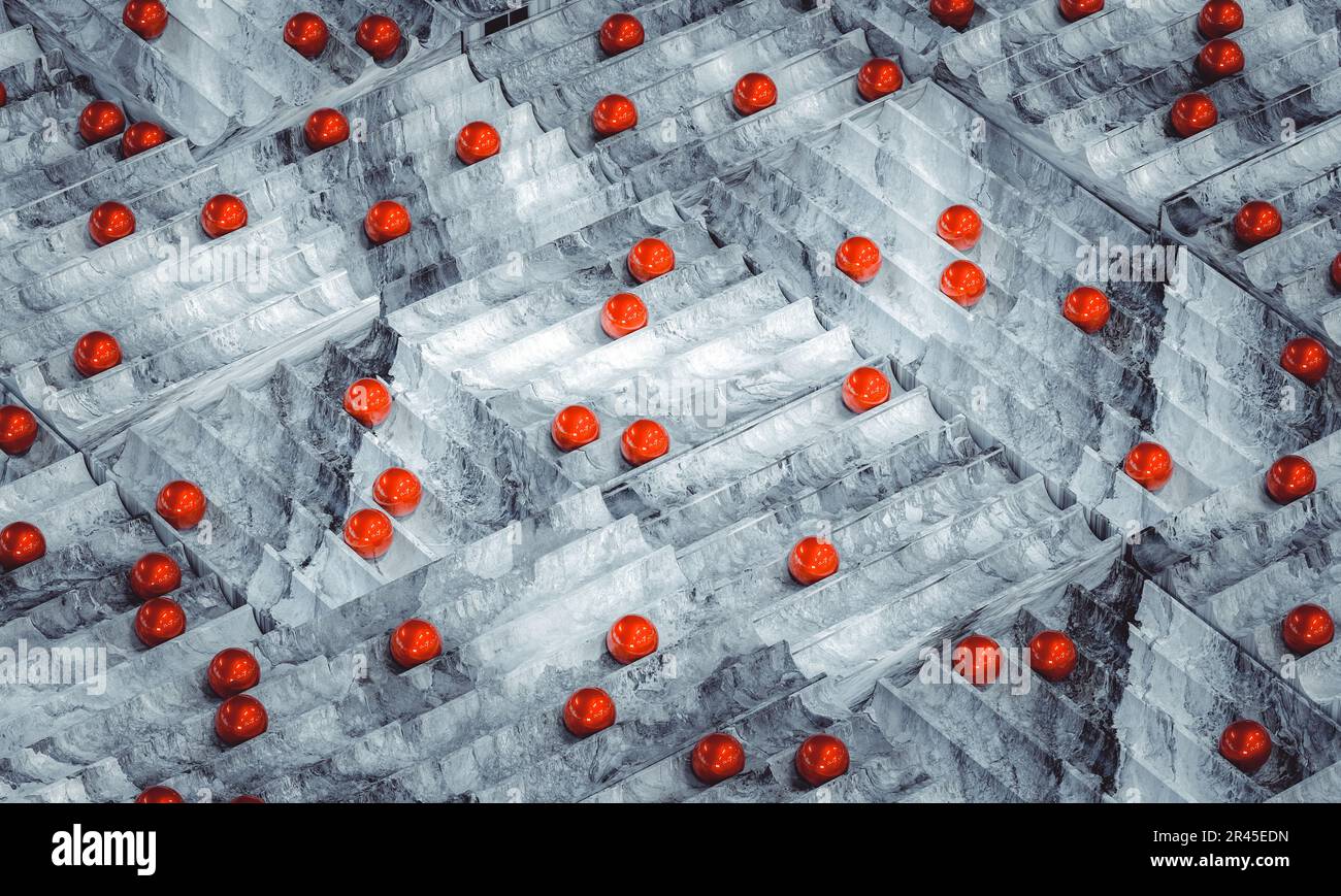 red metal marbles on a marble background with grooves 3d render Stock ...