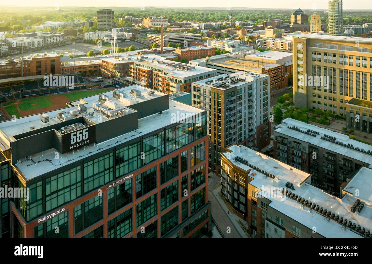 An aerial view of the bustling city skyline of Durham, North Carolina ...