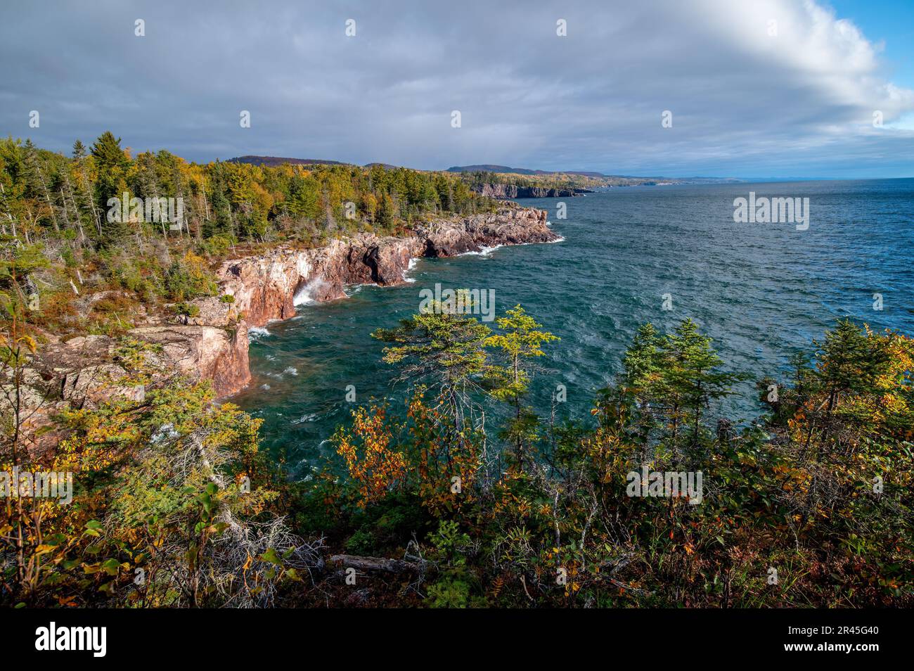 The rugged and wild shoreline of the North Shore of Lake Superior on an ...