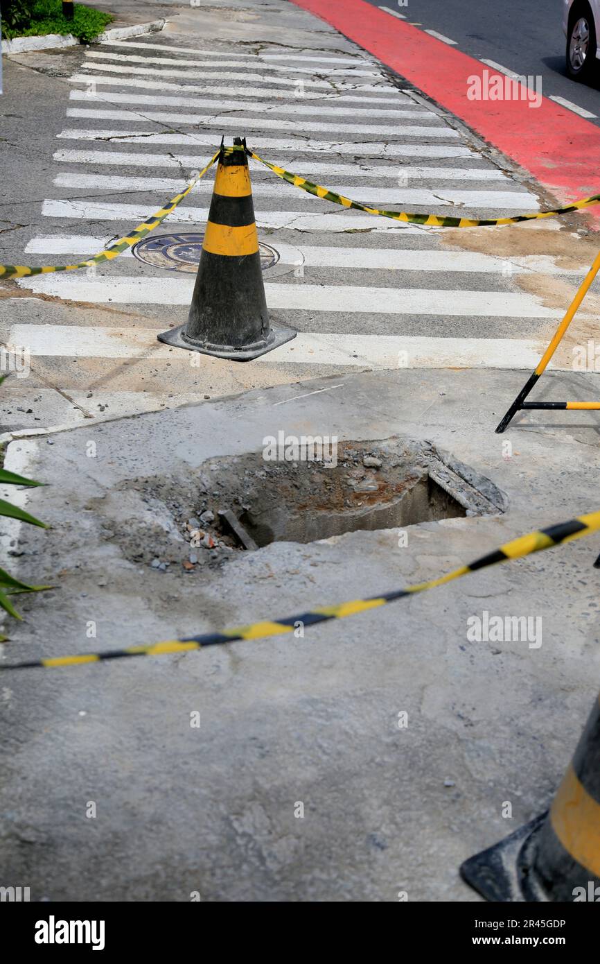 salvador, bahia, brazil - may 16, 2023: cone and safety tape local mark ...