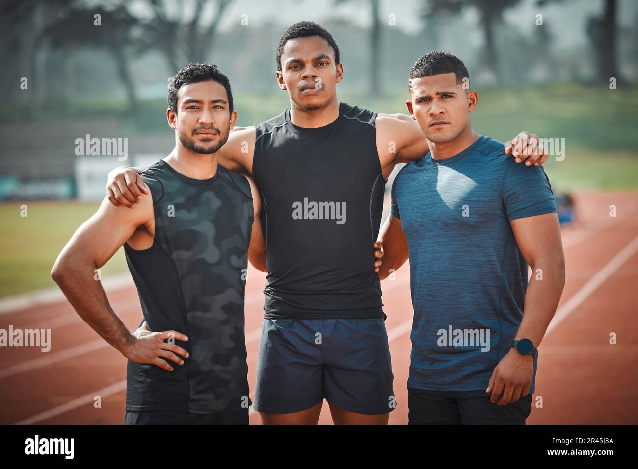 Portrait, team and athlete men on race track with teamwork outdoor for ...