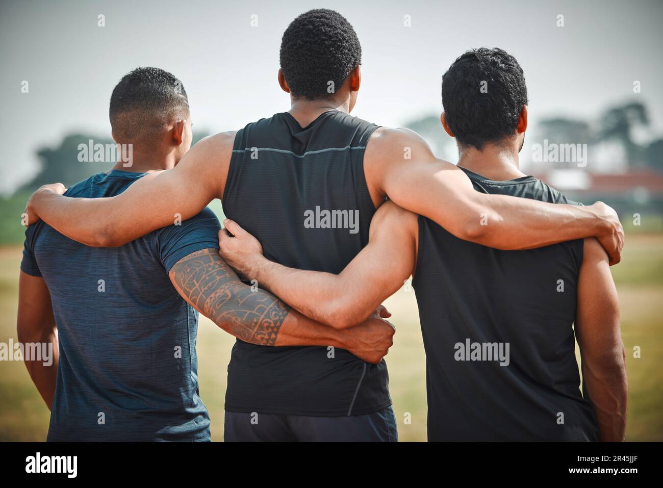 Back, group hug and athlete men with teamwork outdoor for running ...