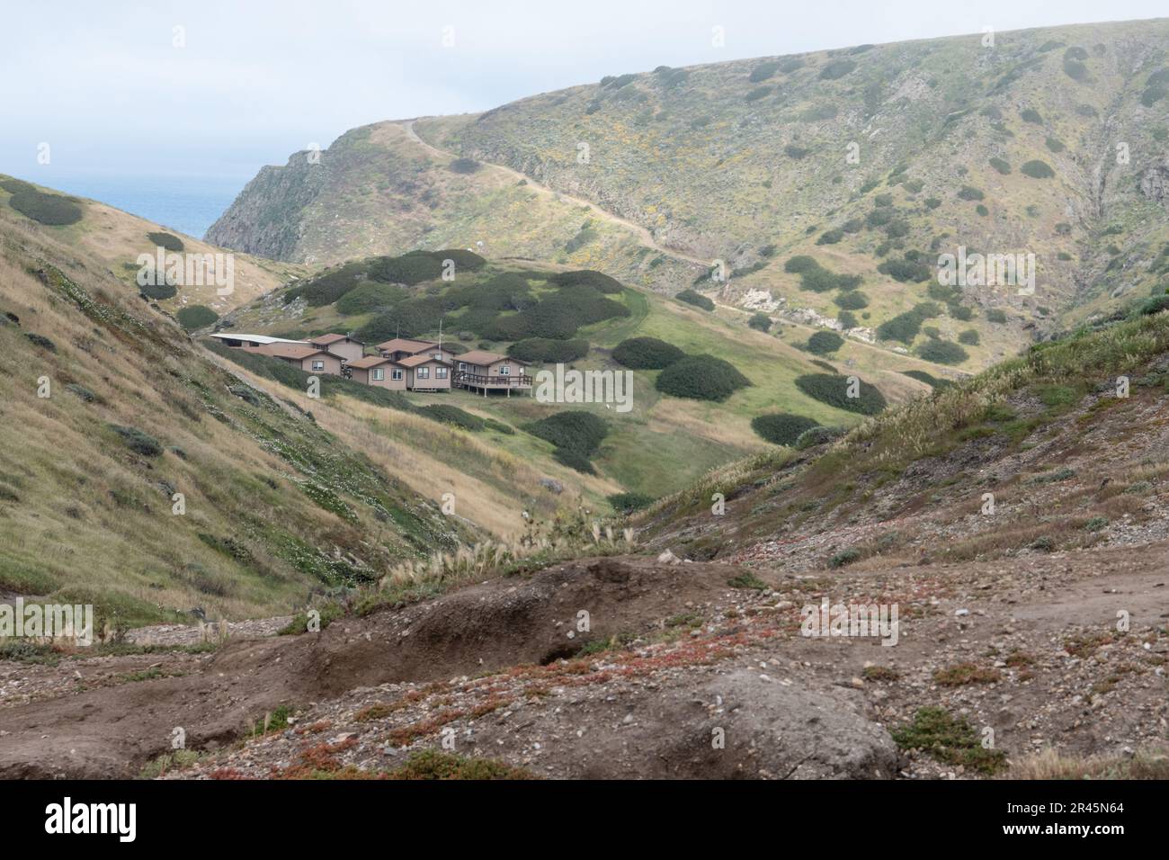 A landscape with cabins used by rangers at Scorpion anchorage in Santa ...