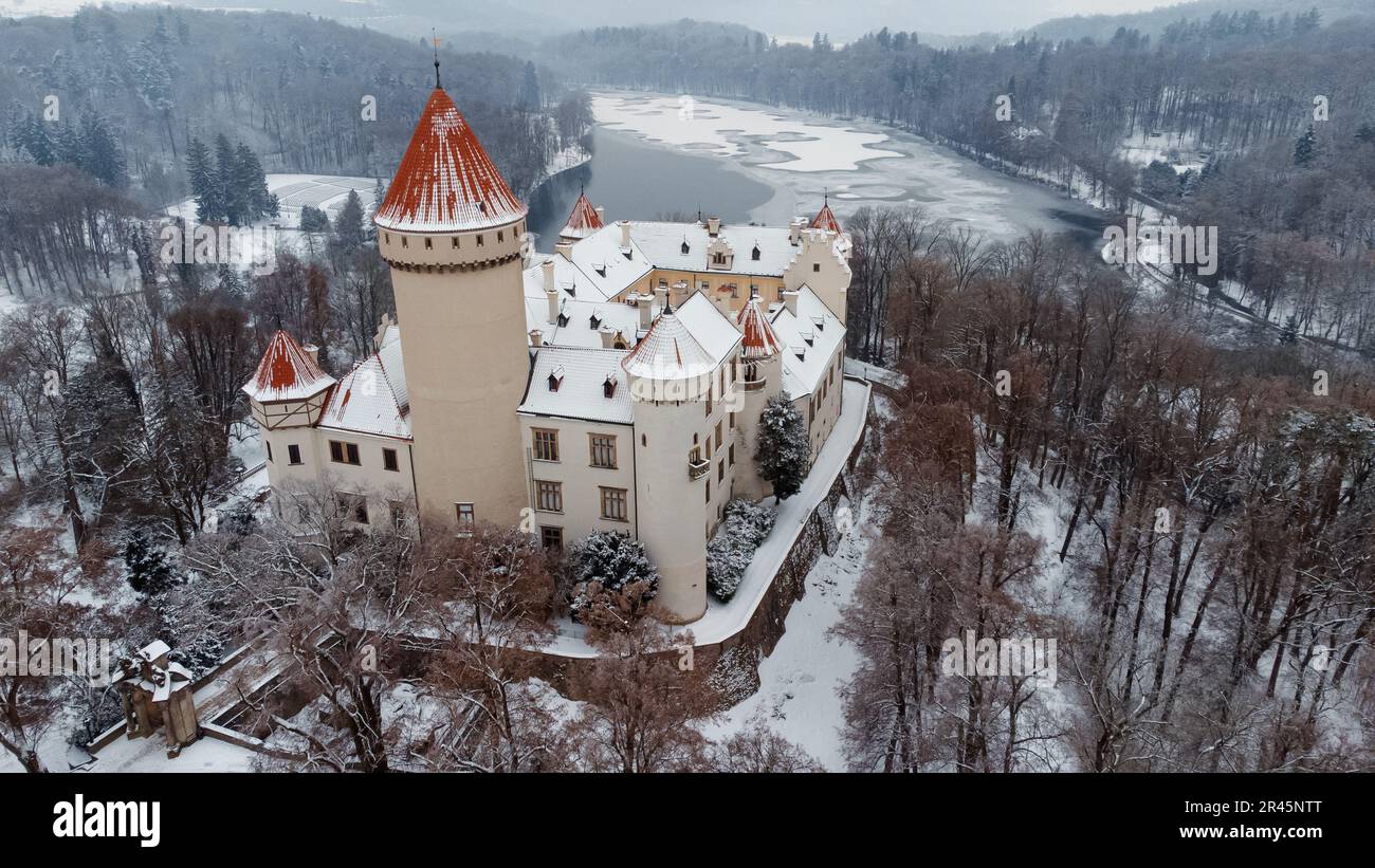 an aerial view of the stunning Konopiste Castle in the Czech Republic ...