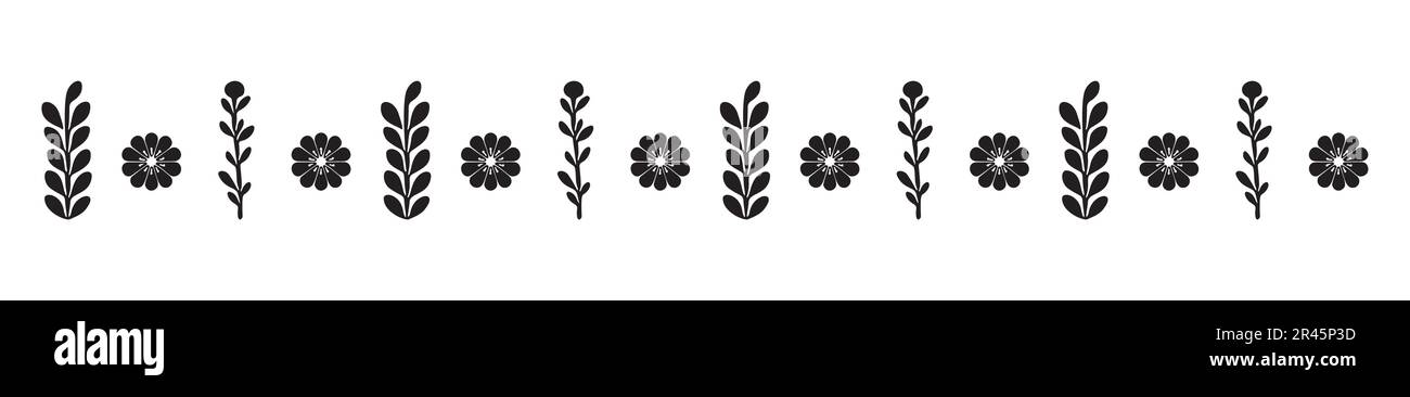 Border of botanical leaf sprigs in vector low brow style. Block print ...