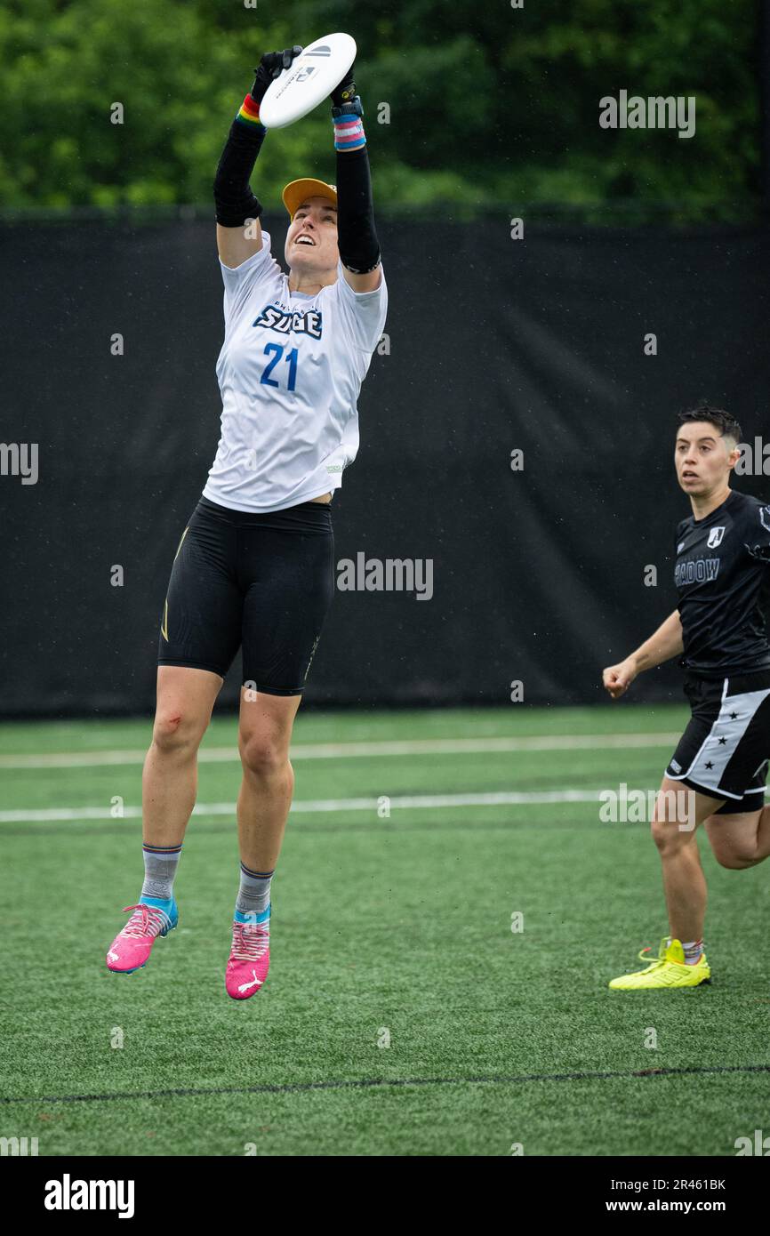 Washington, USA. 13th May, 2023. Surge player Linda Morse jumps to ...