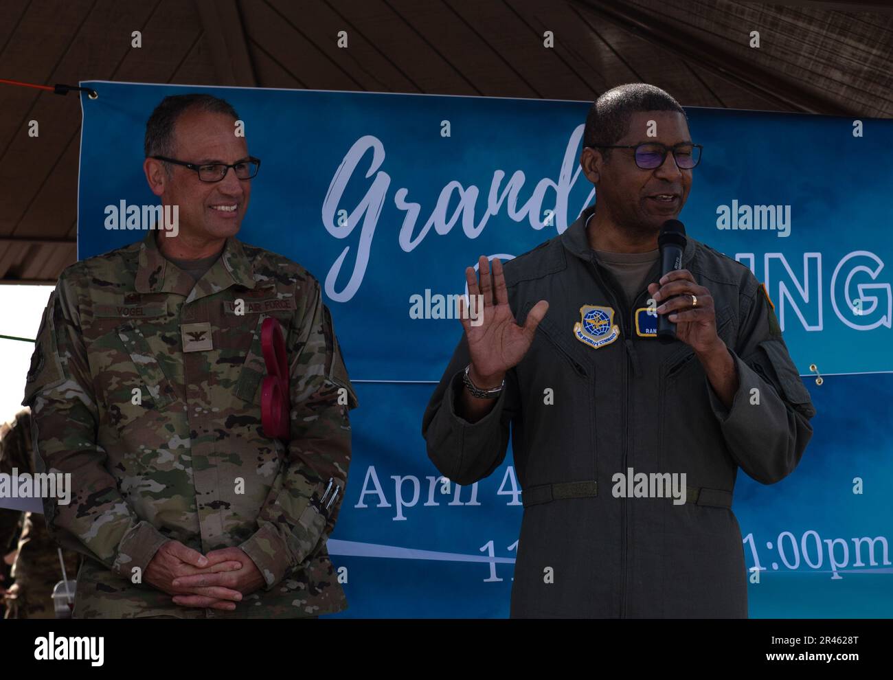 Lt. Gen. Randall Reed, Air Mobility Command deputy commander, gives opening remarks at the grand ...